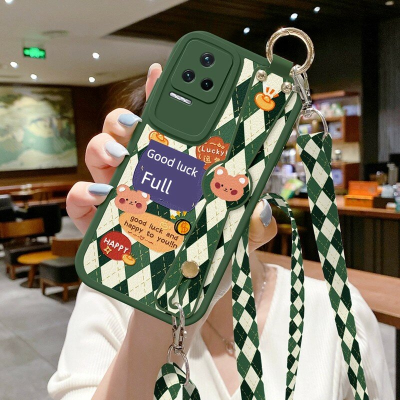 Чехол для смартфона Xiaomi Redmi K40 с ремешком и подвесом, зеленый, узор в виде ромба с символом удачи