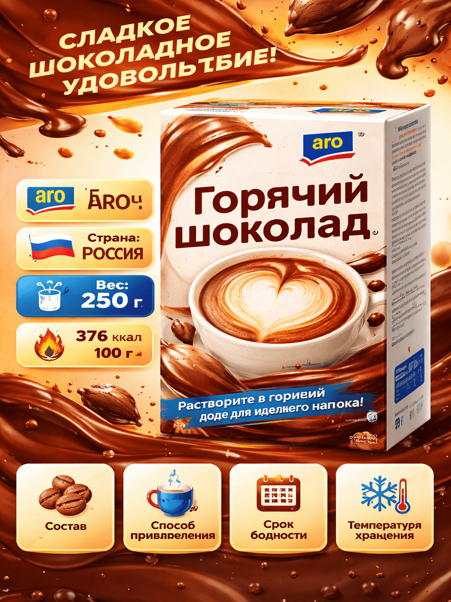 Aro Горячий шоколад растворимый пакетированный, 250г