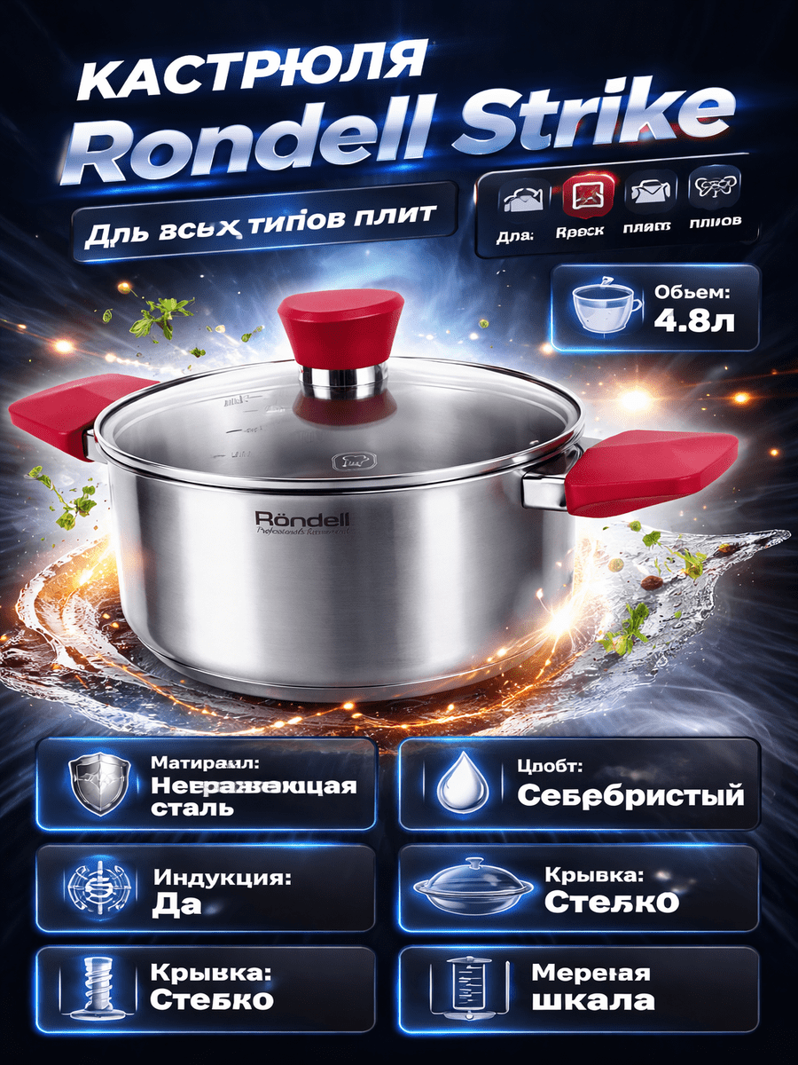 Кастрюля Rondell Strike 4.8л, 24см