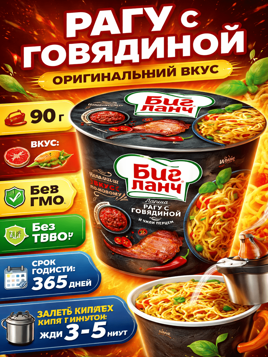 Лапша быстрого приготовления Биг ланч Рагу с говядиной и чили перцем, 90г