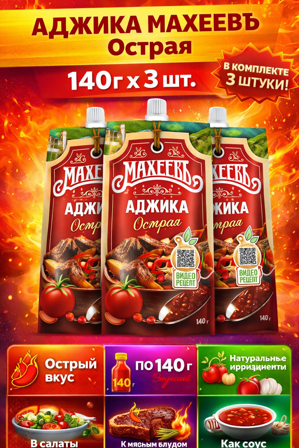 Аджика махеевъ Острая, 140г x 3 упаковки