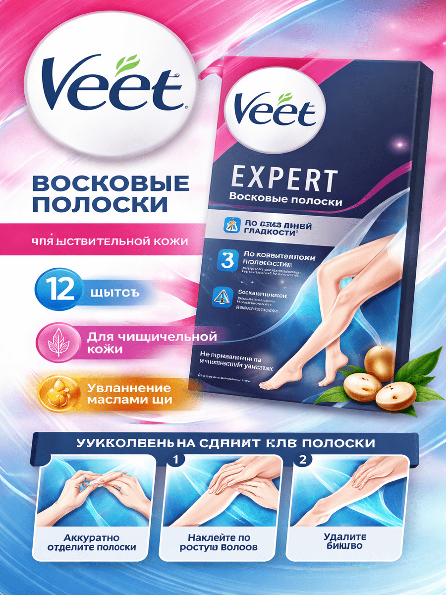 Полоски восковые Veet Expert для чувствительной кожи 12шт, 28г