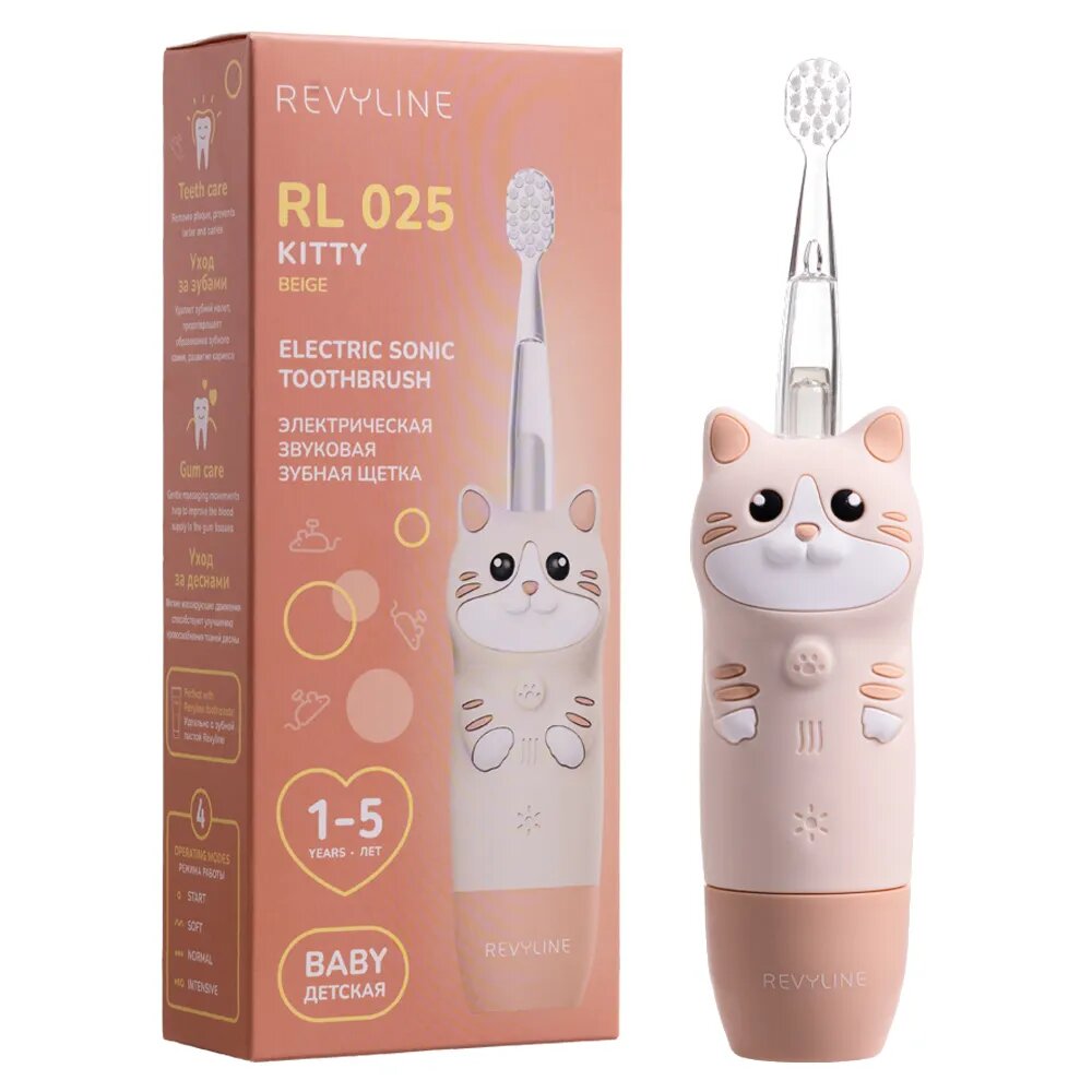 Детская электрическая звуковая зубная щетка Revyline RL 025 Panda, персиковая, от 1-5 лет