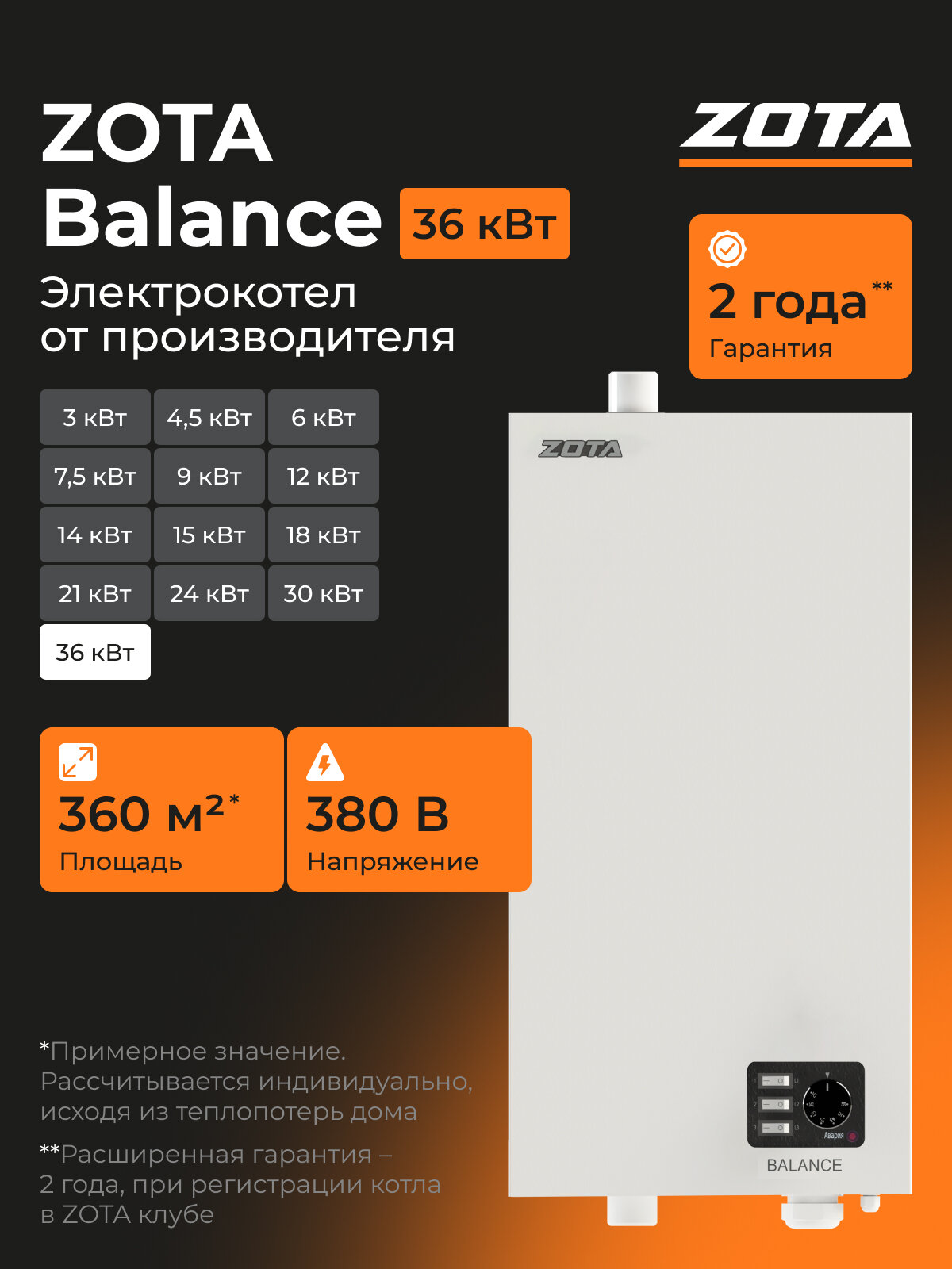 Котел электрический отопления ZOTA Balance V2 36 кВт (до 360 м2) Настенный, одноконтурный электрокотел отопления ZB3468421036