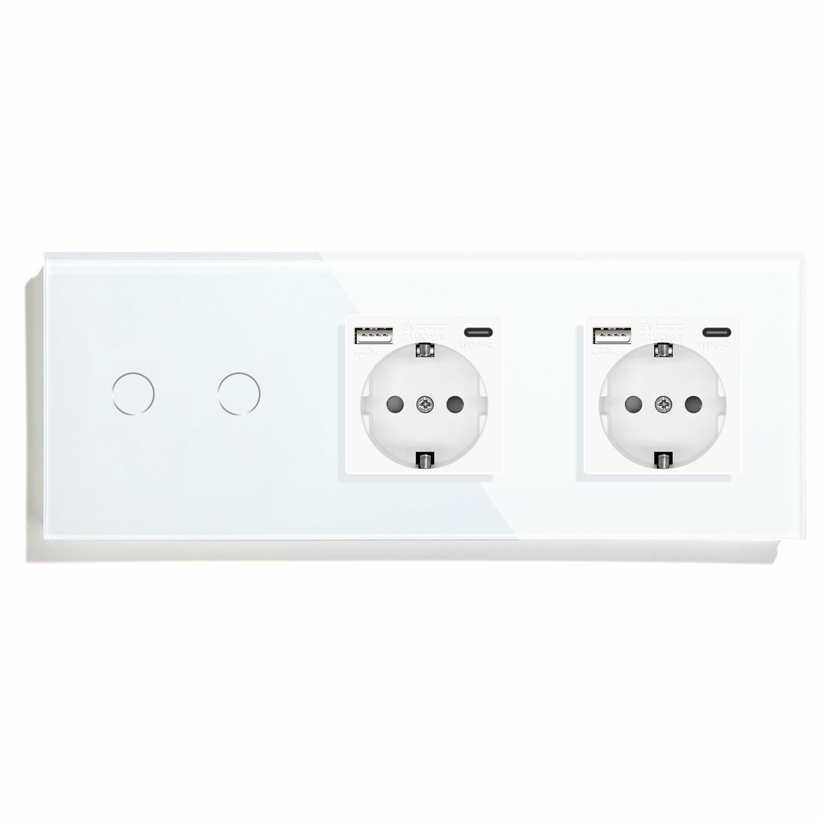Сенсорный выключатель с розеткой 2кл. 2 розетки, 3 поста (2G+2AC) стекло 228х86мм цвет белый