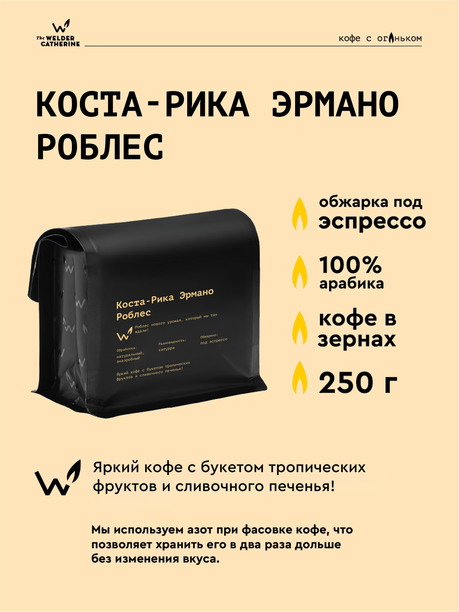 Кофе в зернах Сварщица Екатерина "Коста-Рика Эрмано Роблес" под эспрессо - 250 гр