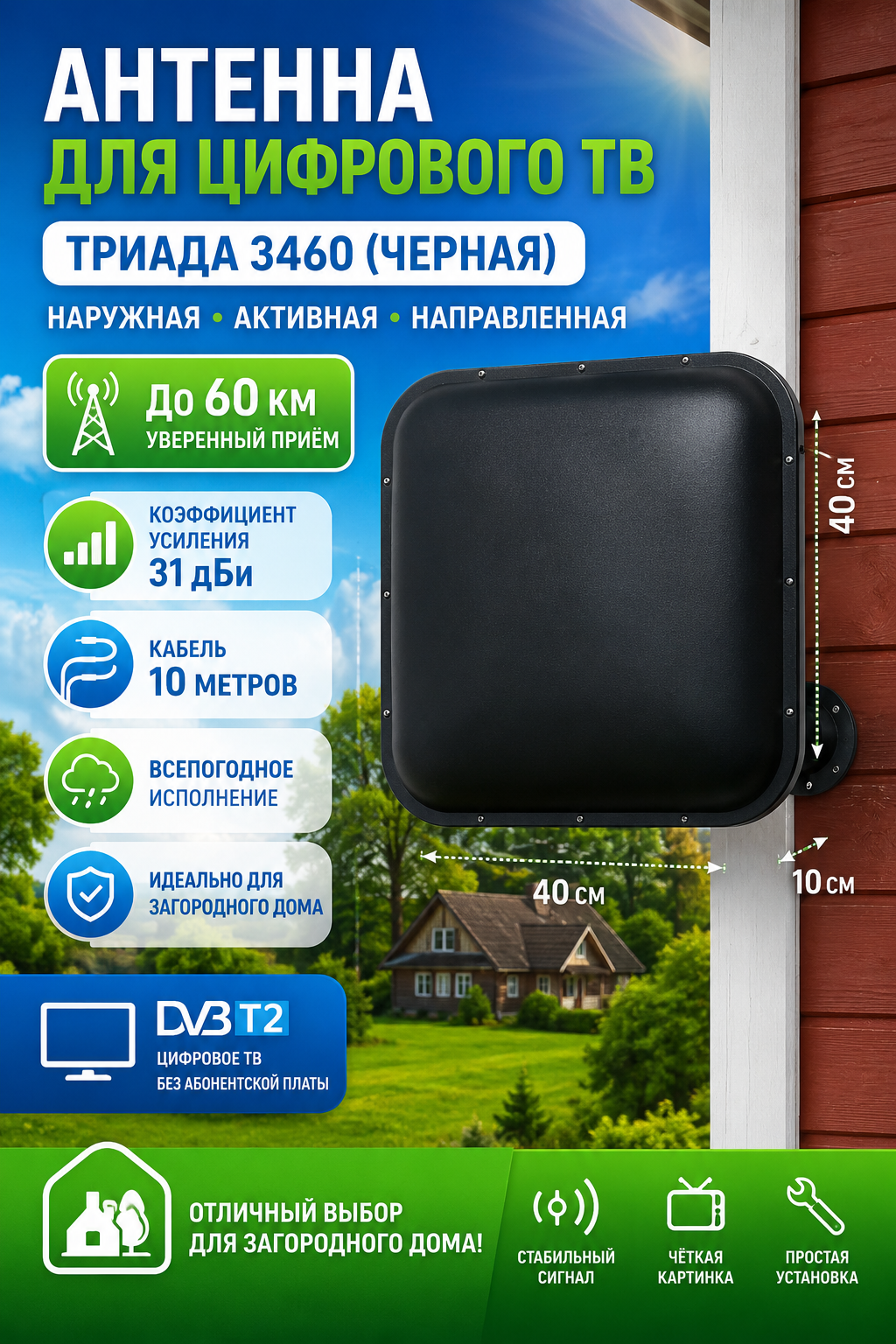 Антенна для цифрового ТВ уличная Триада-3460 черная для телевизора