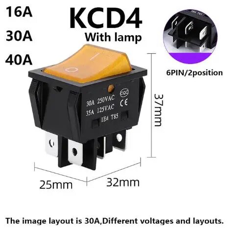Переключатель KCD4 с лампой, 30A, 250VAC, 6PIN, 2position