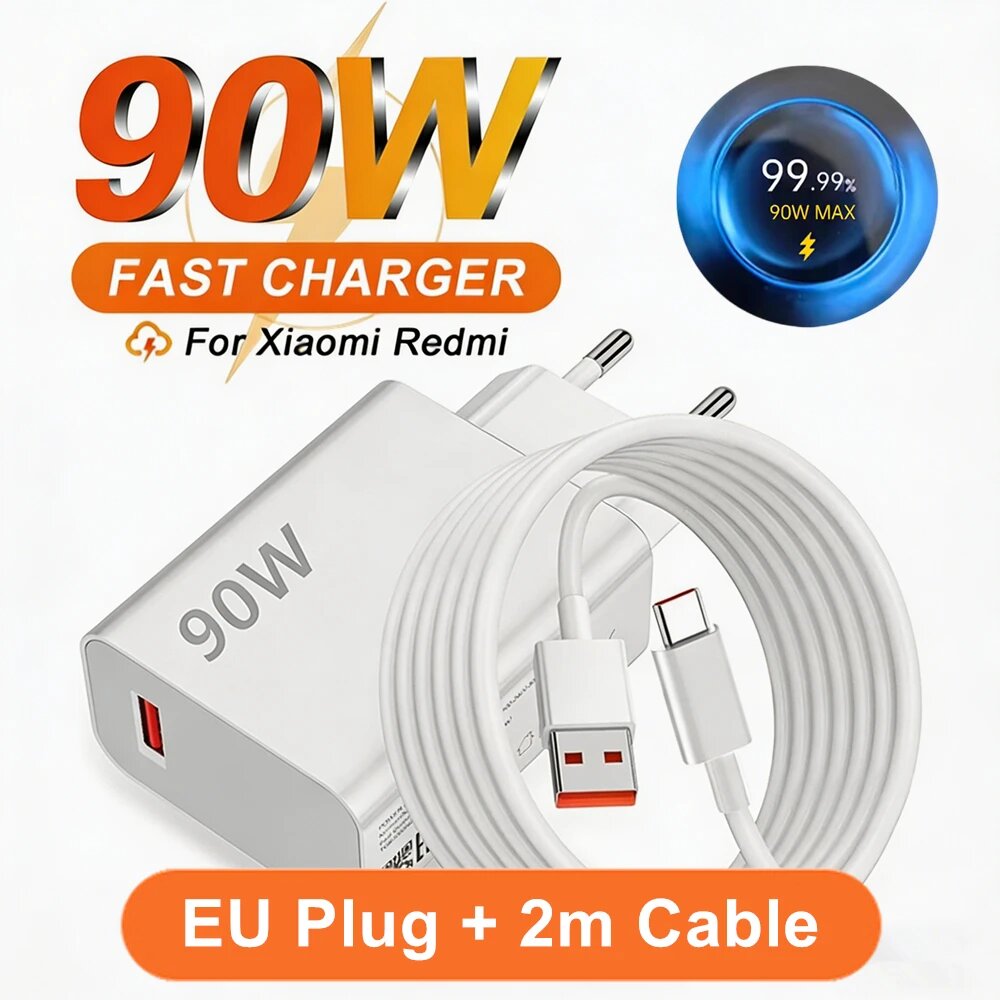 Быстрое зарядное устройство 90 Вт для Xiaomi 13 14 15 Ultra 15T 17 Pro Redmi Note EU Plug - 2m Cable