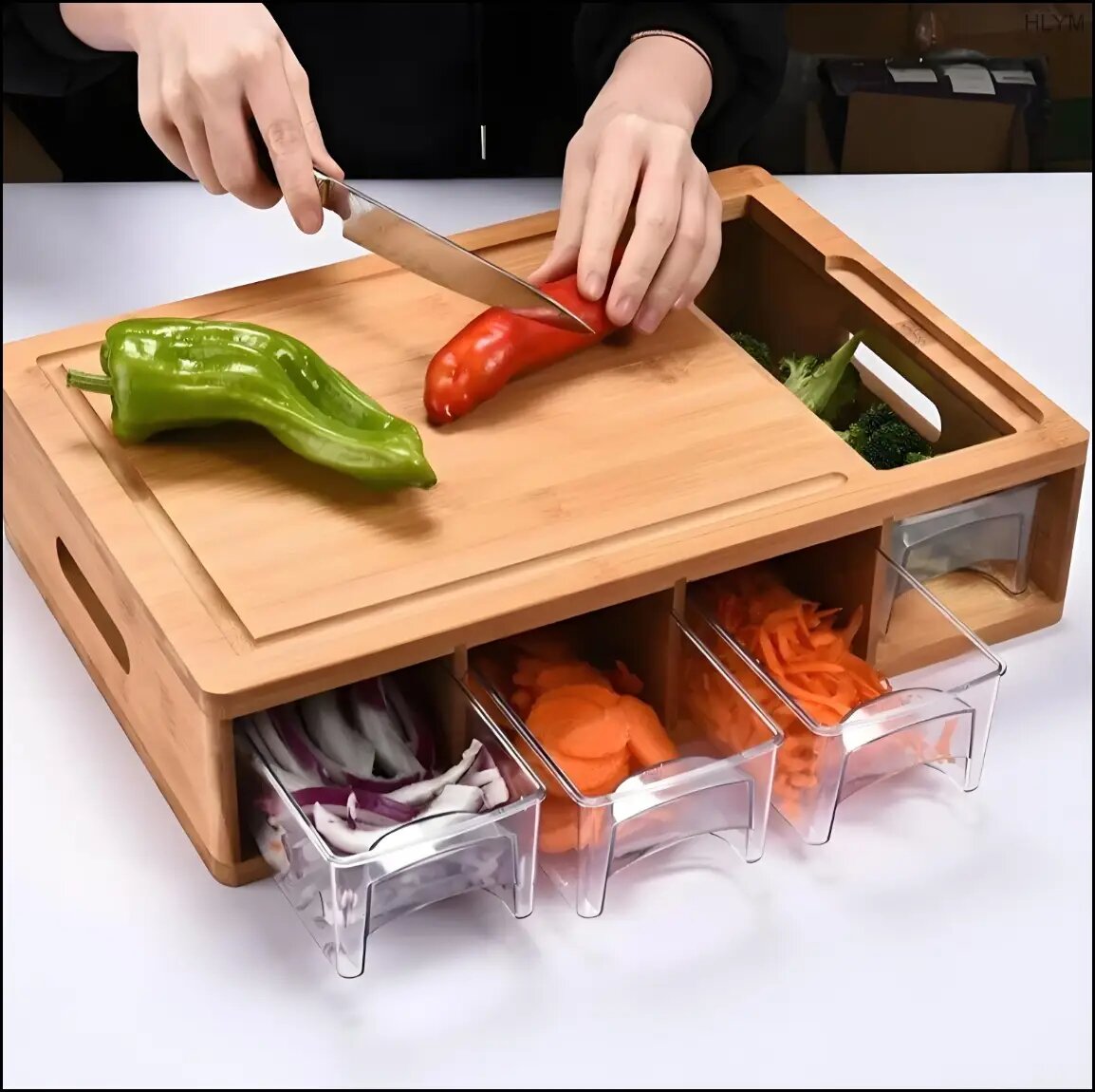 Универсальная разделочная доска отсеками / Многофункциональная кухонная доска с выдвижными контейнерами для продуктов