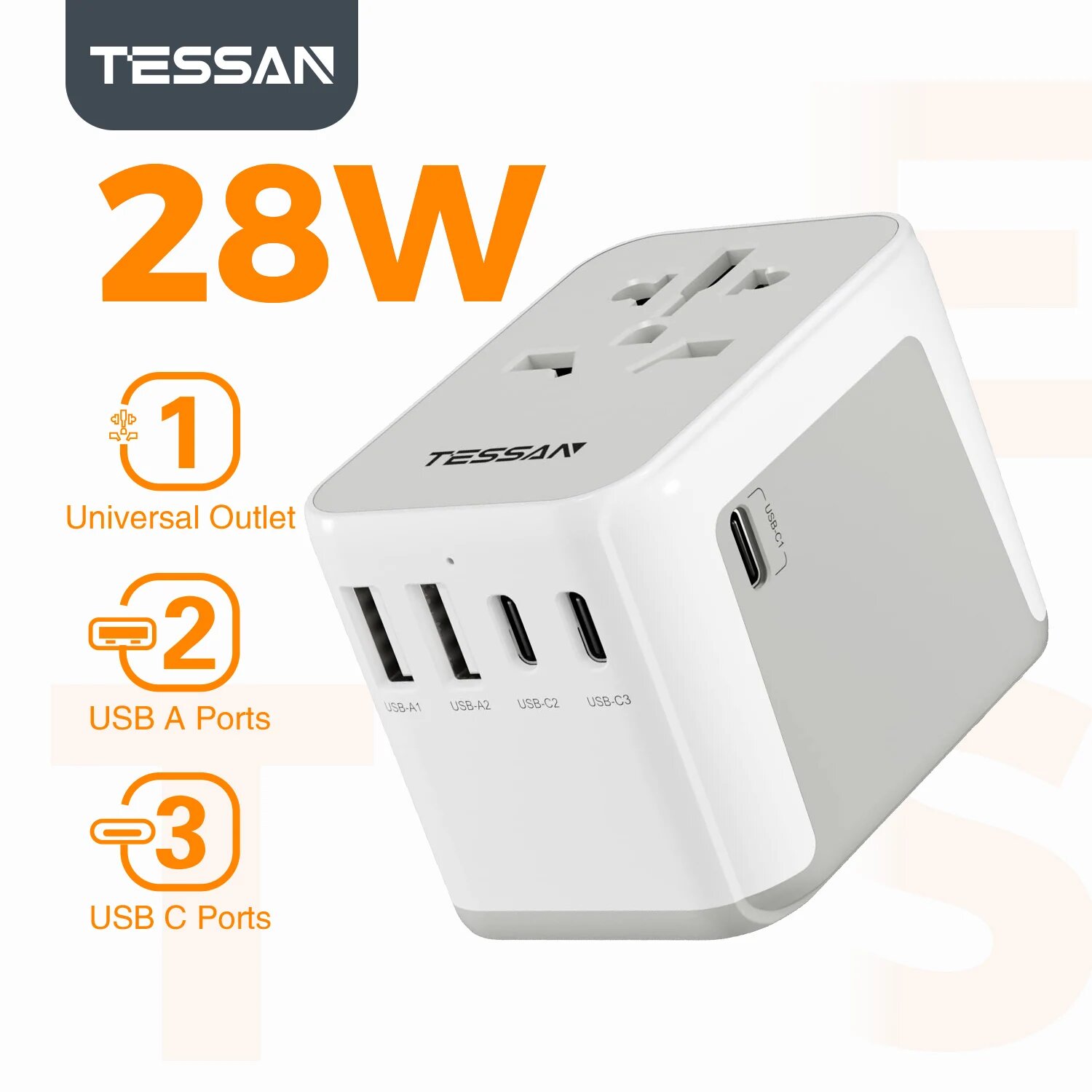 TESSAN Универсальный дорожный адаптер 28W Gray 28W 2U 3C