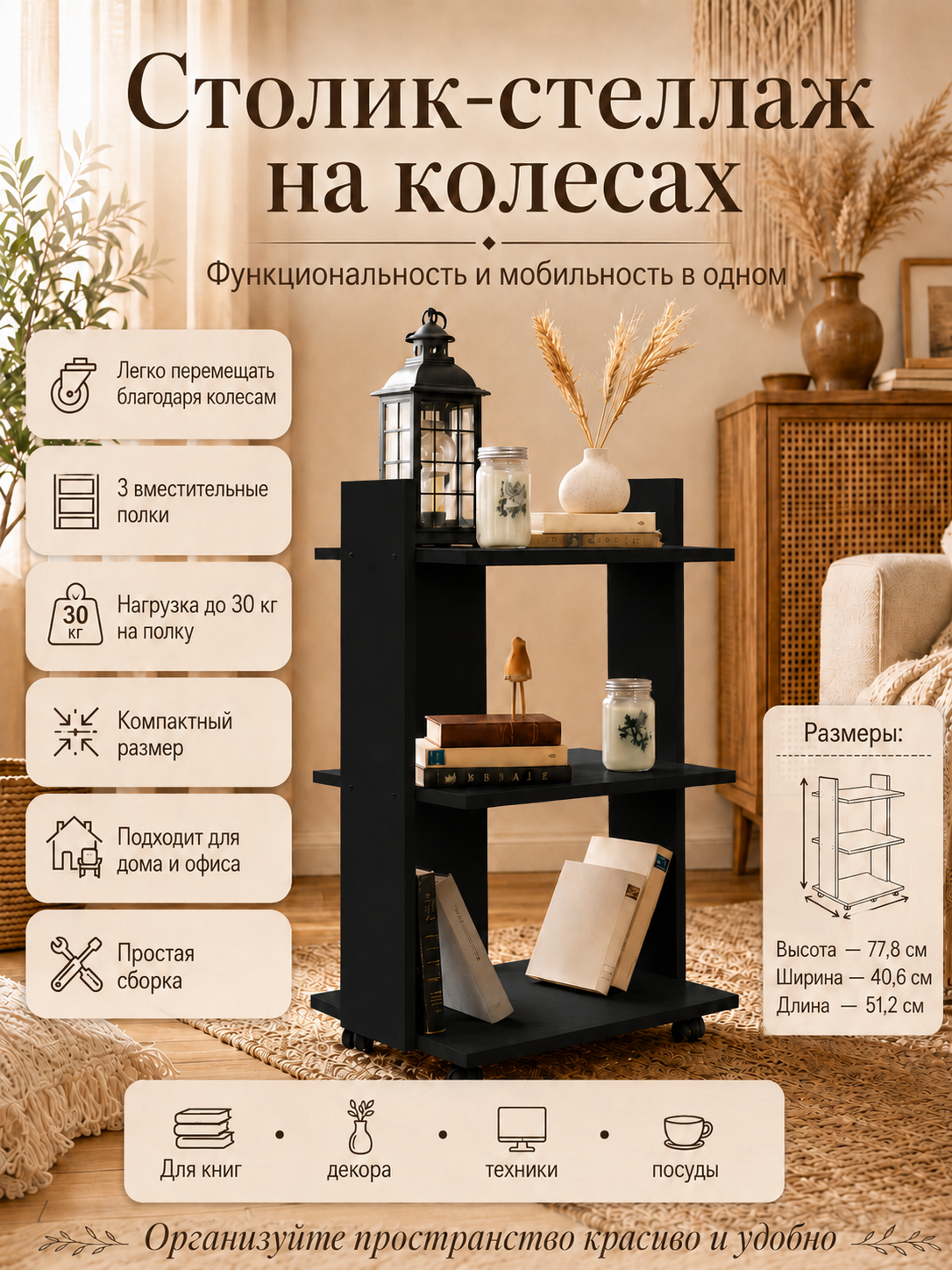 Столик-стеллаж на колесах с тремя полками