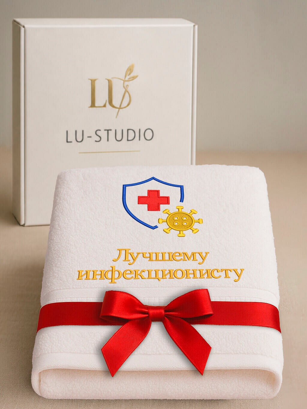 Подарок врачу инфекционисту полотенце 70х140 с вышивкой, LU-Studio, белый, 460 г/м², 100% хлопок