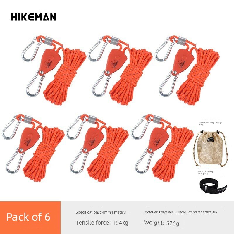 HIKEMAN 4 мм нейлоновая веревка 4 м для кемпинга, регулируемый ветровой натяжитель, 6 шт. в оранжевом цвете, легкий