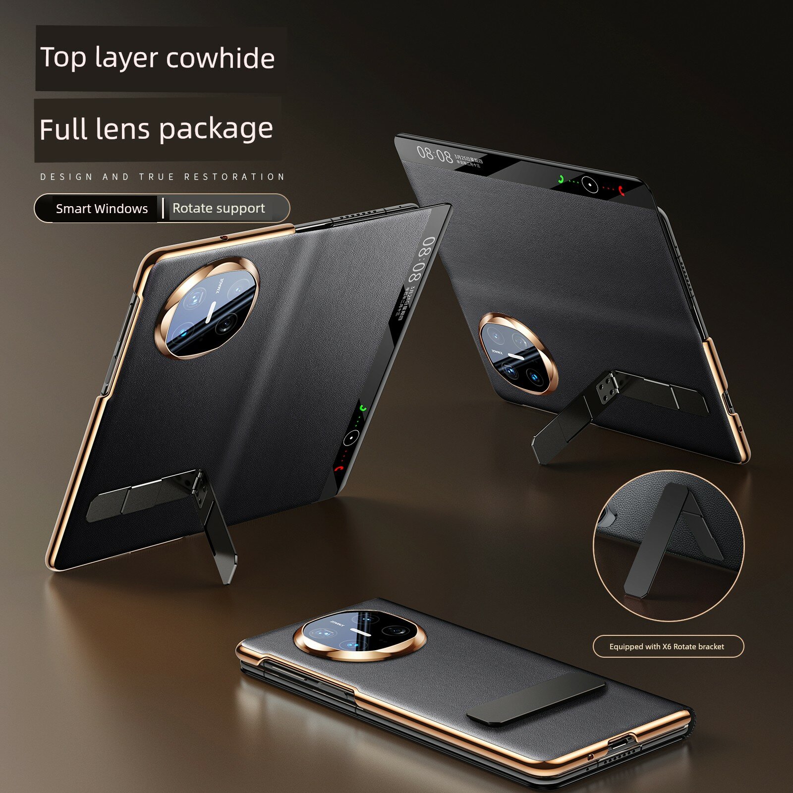 Классический чехол Huawei Mate X6 с матовым черным цветом и вращающейся подставкой из итальянской кожи 150x защита от