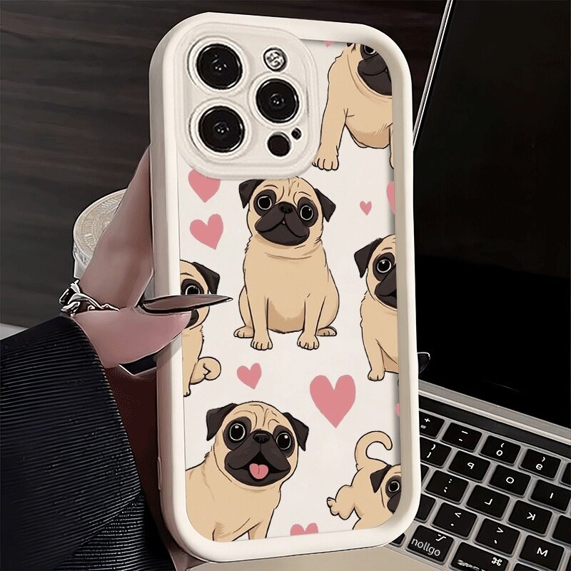 Чехол для смартфона, белый, из мягкого TPU, с чёрно-белым дизайном: мультяшный мопс и сердечки