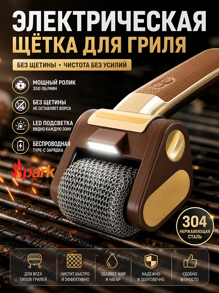 Нержавеющая электрическая щетка для чистки гриля и решетки, аккумуляторная с подсветкой, безворсовая, вращающийся ролик, пищевой очиститель для барбекю, золотисто-коричневая