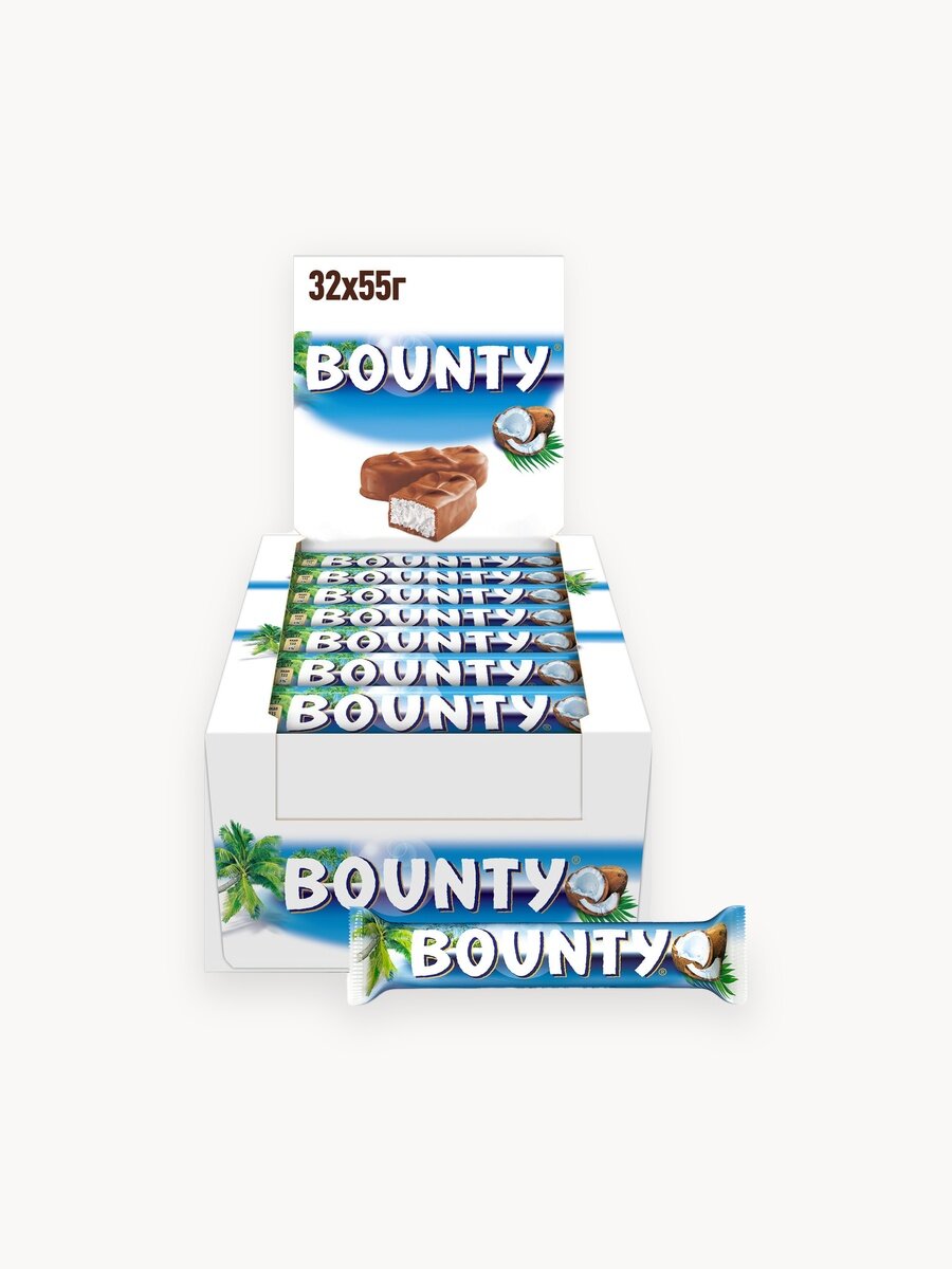 Bounty шоколадный батончик, 32 шт по 55 г