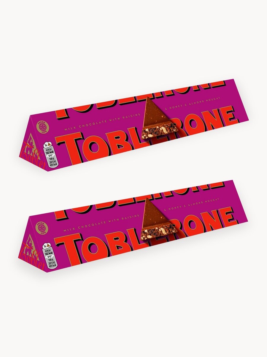 Шоколад Toblerone Молочный с медово-миндальной нугой с изюмом и орехом, 2 шт 100 гр. (Швейцария)