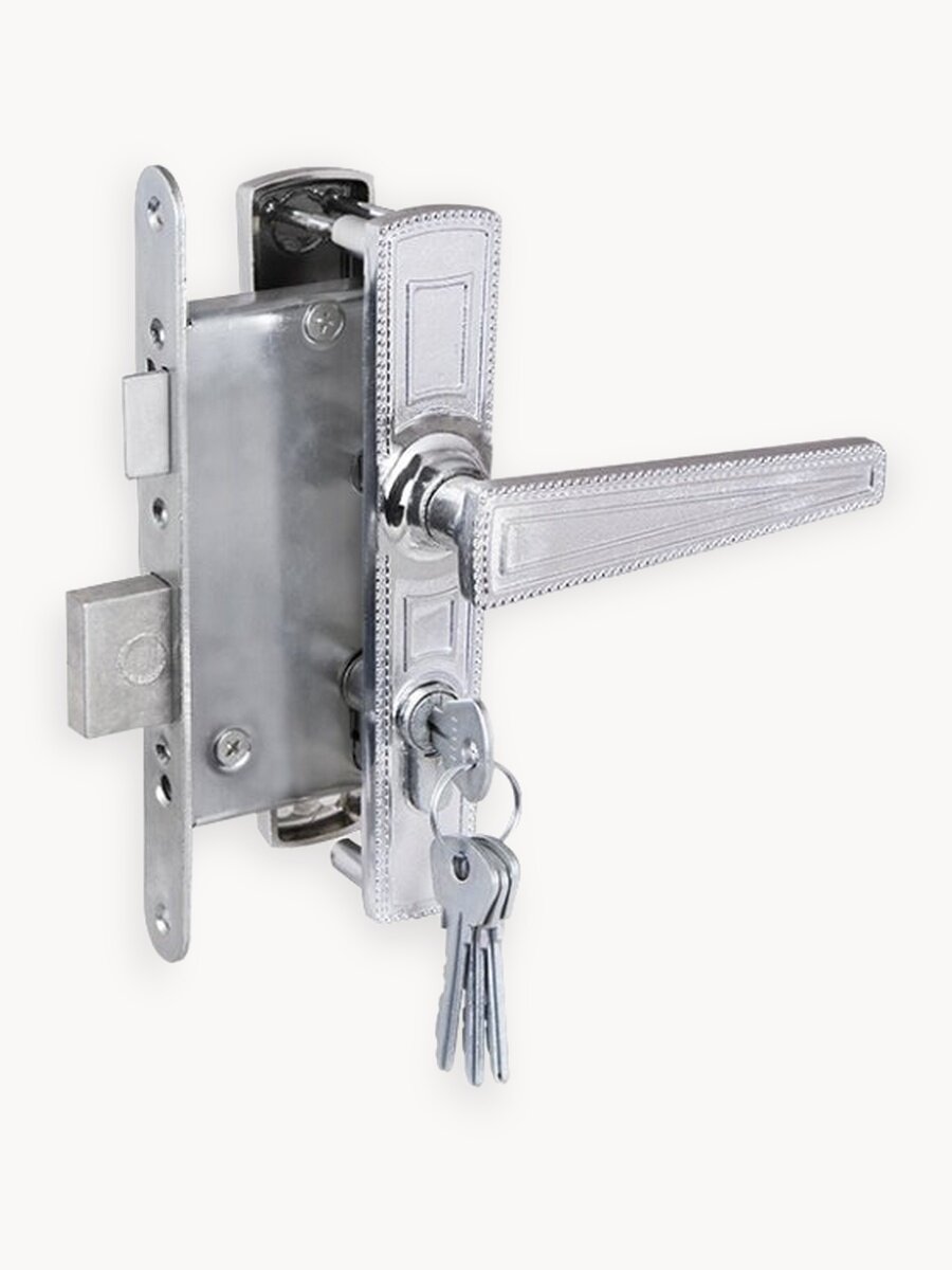 Замок врезной цилиндровый с защёлкой в комплекте с ручкой Зенит (замки) зенит ЗВ4-3.01 (хром), 4 кл.