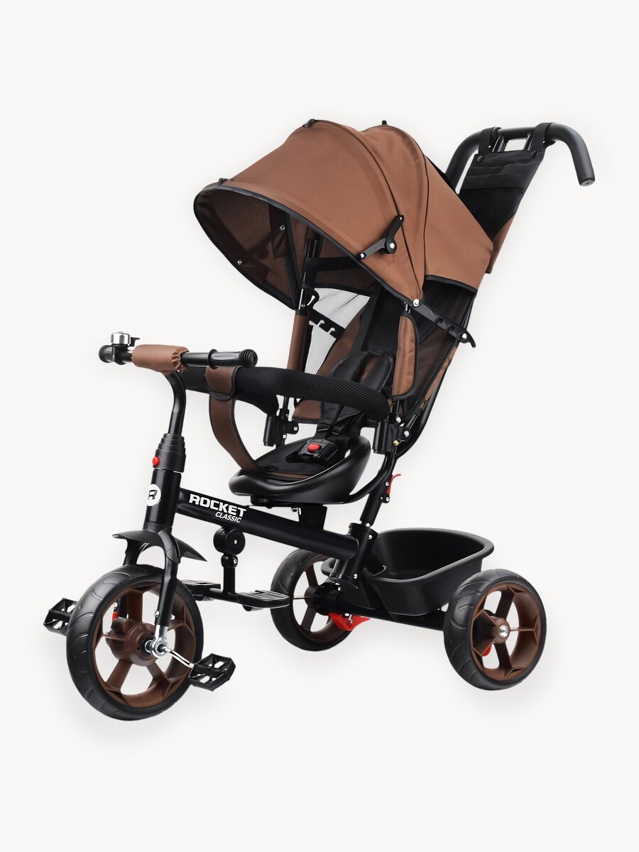 Велосипед Rocket 136 трехколесный с родительской ручкой и козырьком, колеса EVA 10"/8", цвет коричневый