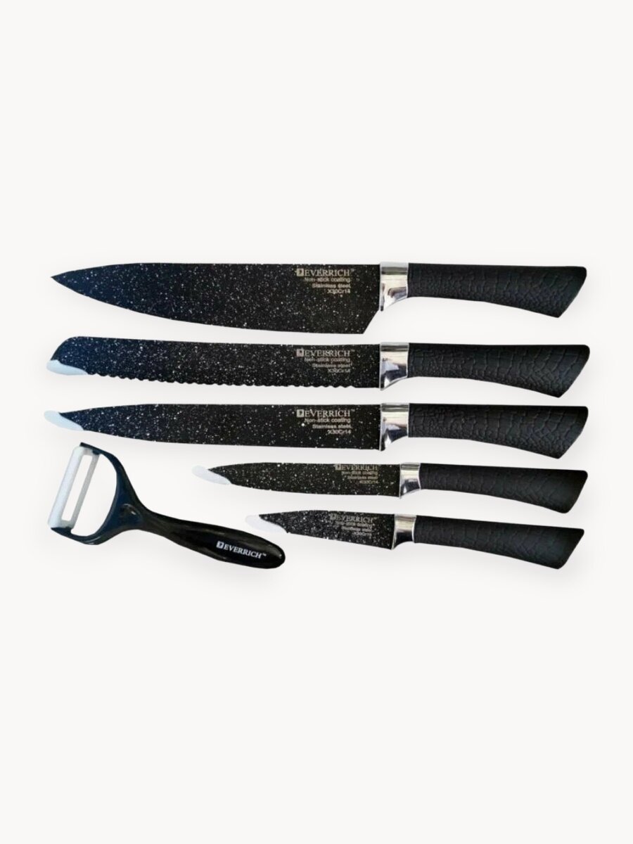 Керамические ножи, комплект 5 ножей и овощечистка, черного цвета