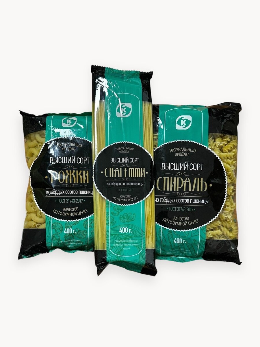 Макароны Командор, пшеничные, из твердых сортов, 400 гр, 3 уп. рожки, спираль, спагетти