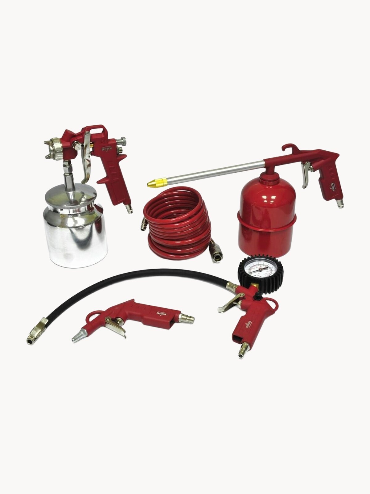 Набор пневмоинструмента ELITECH 5 предметов (краскопульт с нижним бачком, пистолет для подкачки шин с манометром, продувочный и моющий пистолеты, шланг для компрессора)