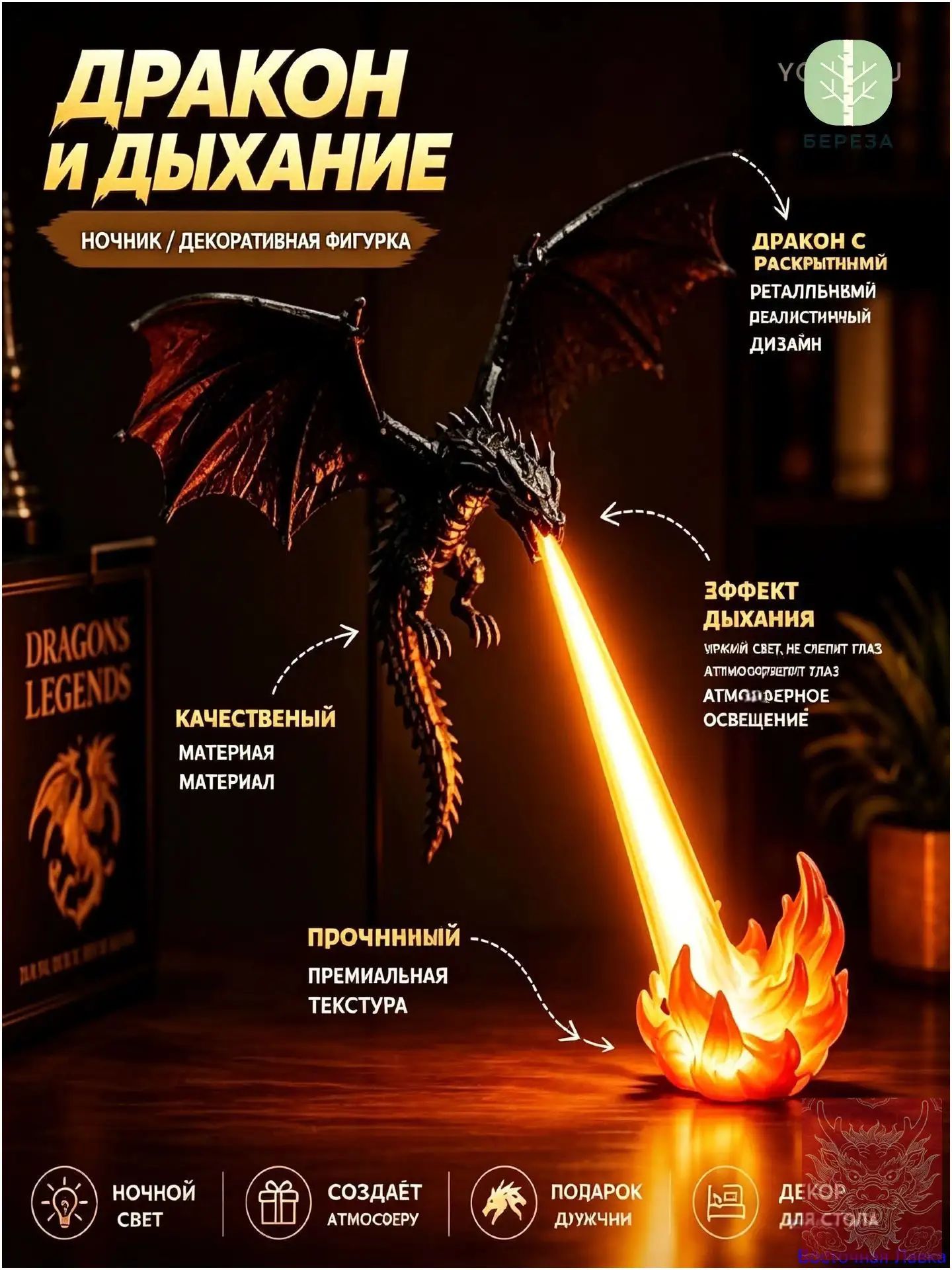 Декоративная настольная лампа дракон с эффектом огненного дыхания, USB-питание, реалистичное пламя, атмосферный ночник для спальни, кабинета и игрового стола, 1 шт