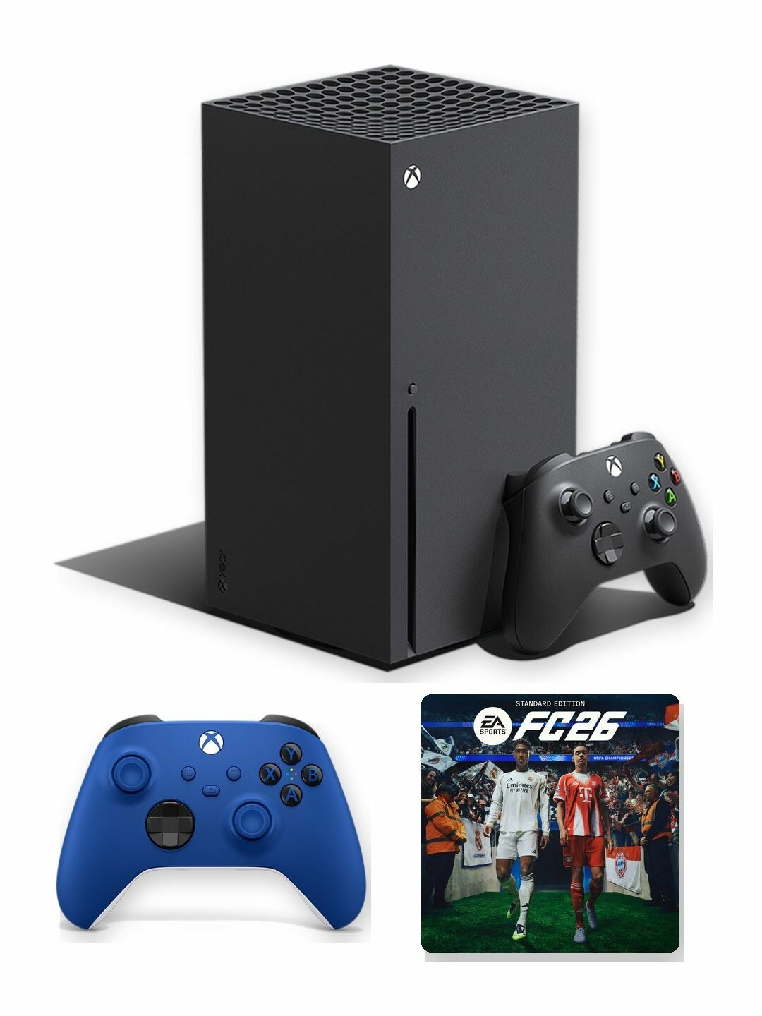 Игровая приставка Microsoft Xbox Series X 1 ТБ с дисководом, чёрная, европейская версия + 2-й геймпад Xbox Wireless Controller Shock Blue + игра EA Sports FC 26