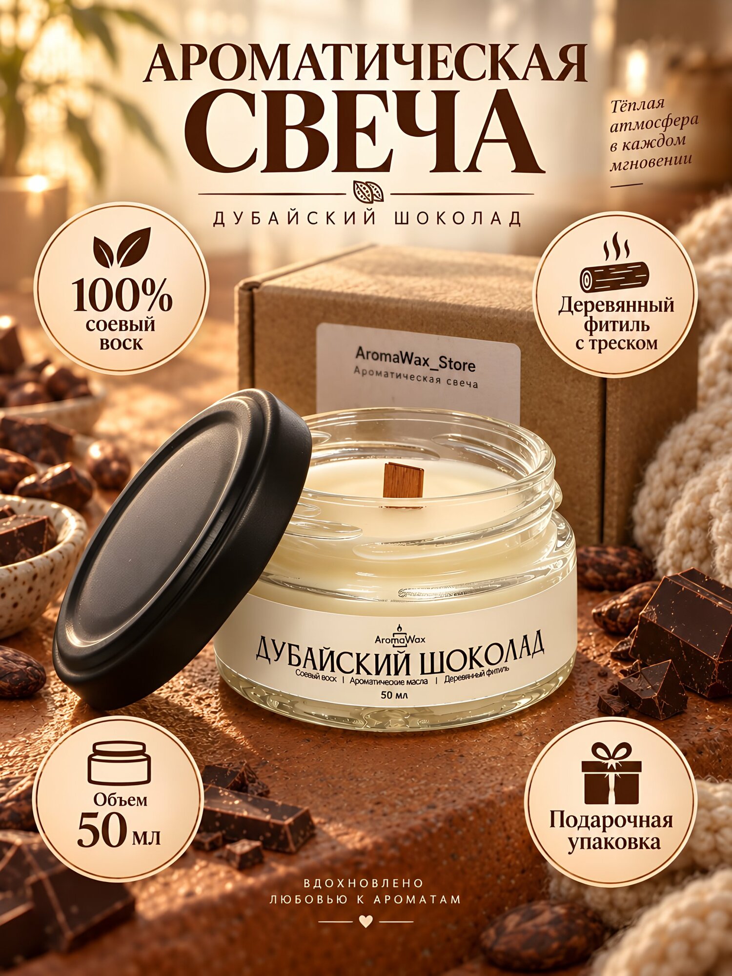Ароматическая свеча AromaWax «Дубайский шоколад» в банке, соевый воск, 50 мл, 15 часов