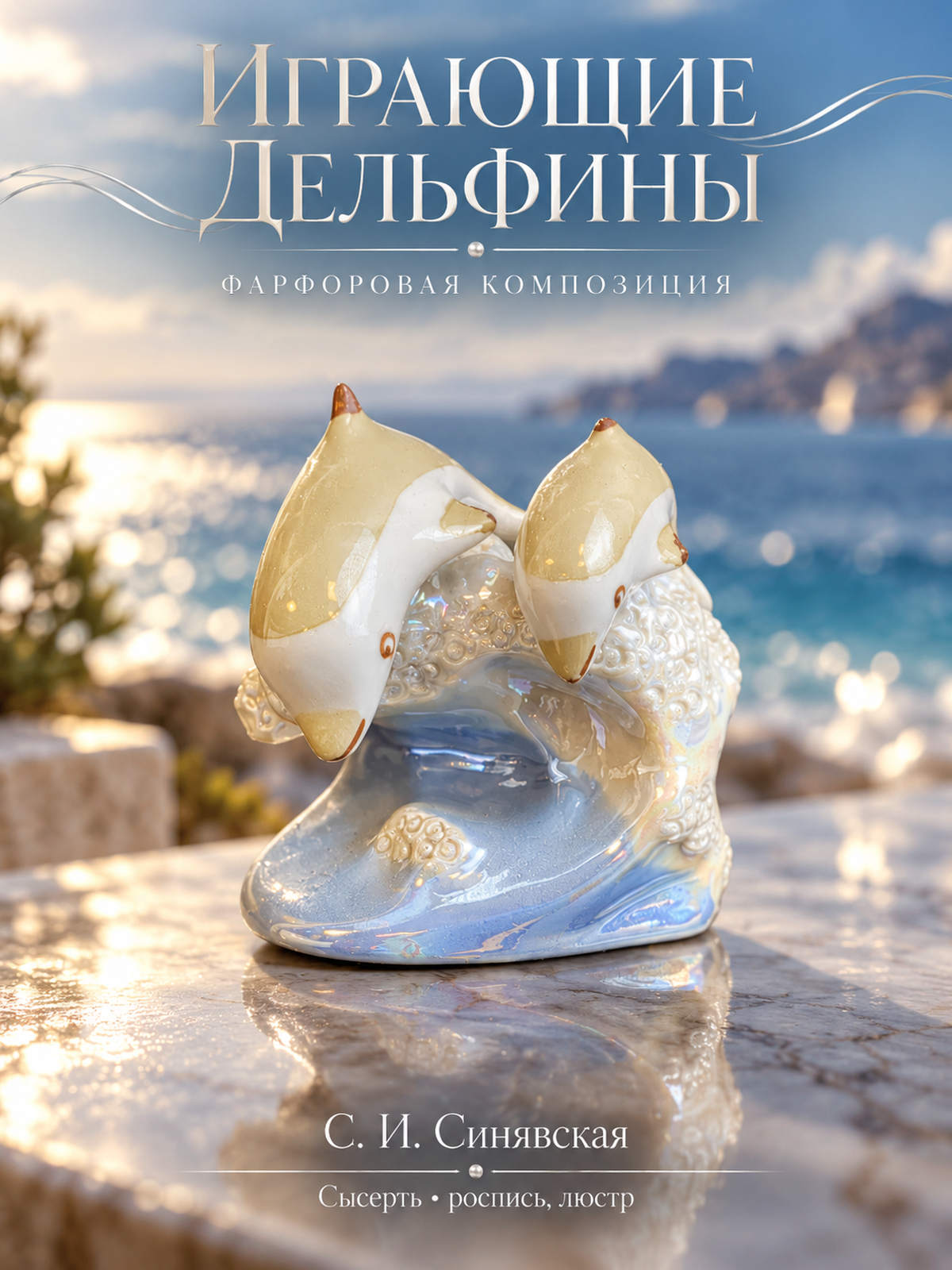 Статуэтка Играющие дельфины. автор С. И. Синявская, фарфор, роспись, люстр, Сысертский фарфоровый завод, СССР, 1960-1977 гг.