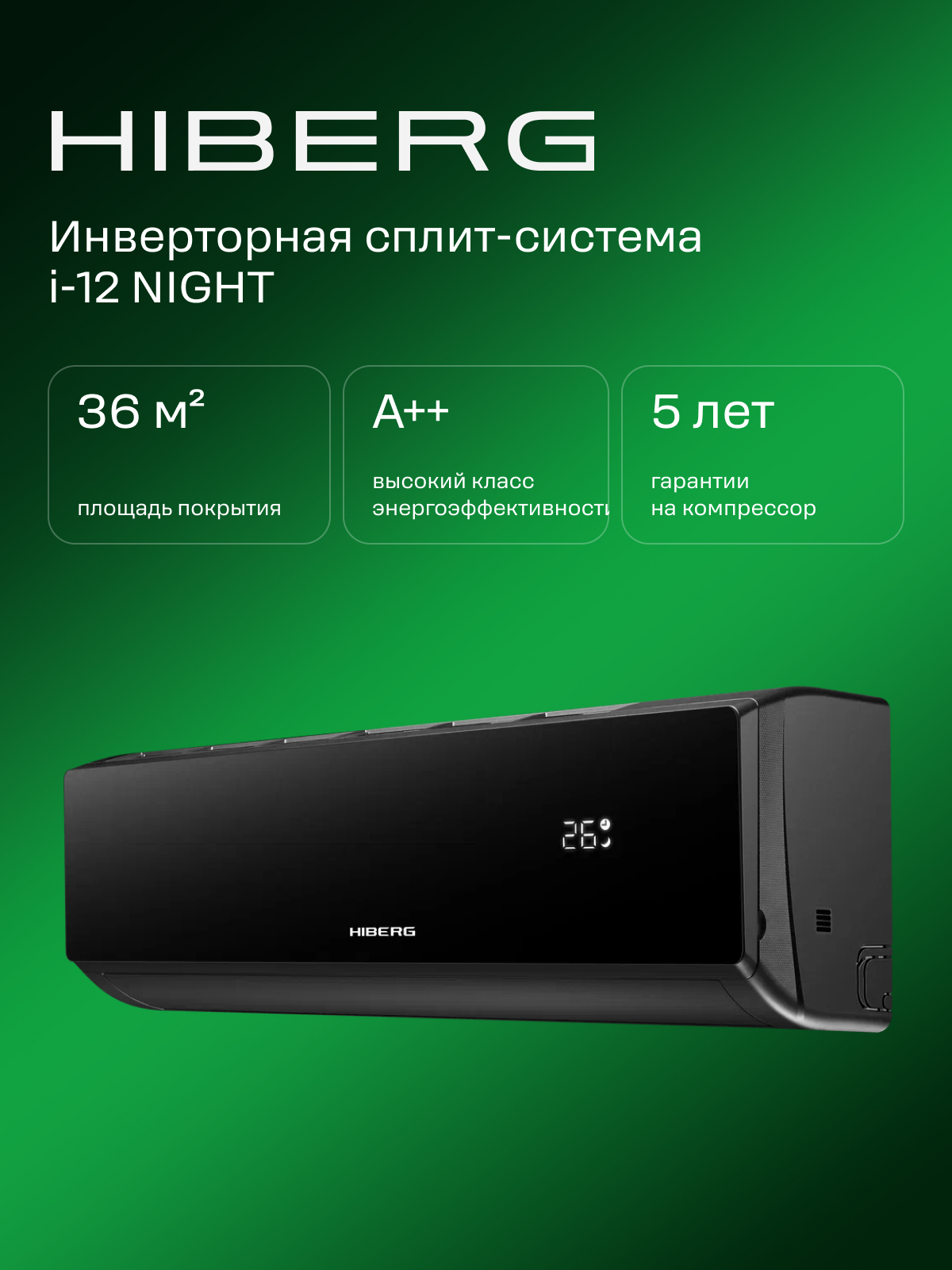 Сплит-система HIBERG i-12 NIGHT для комнаты до 36 м², инвертор, хладагент R32, черный