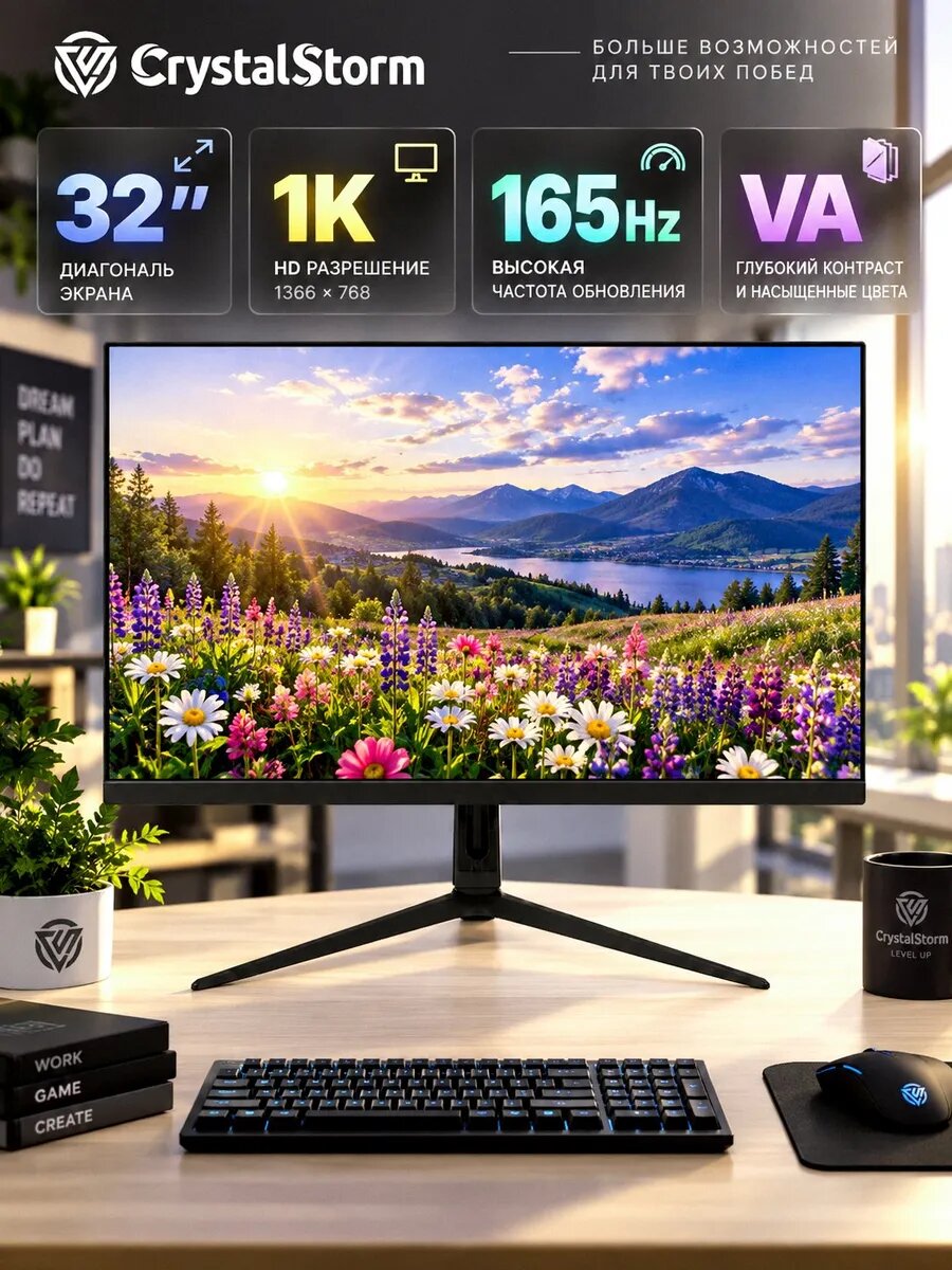 Монитор CrystalStorm, диагональ 32", 1920 x 1080 пикселей, 165Гц, матовый, чёрный