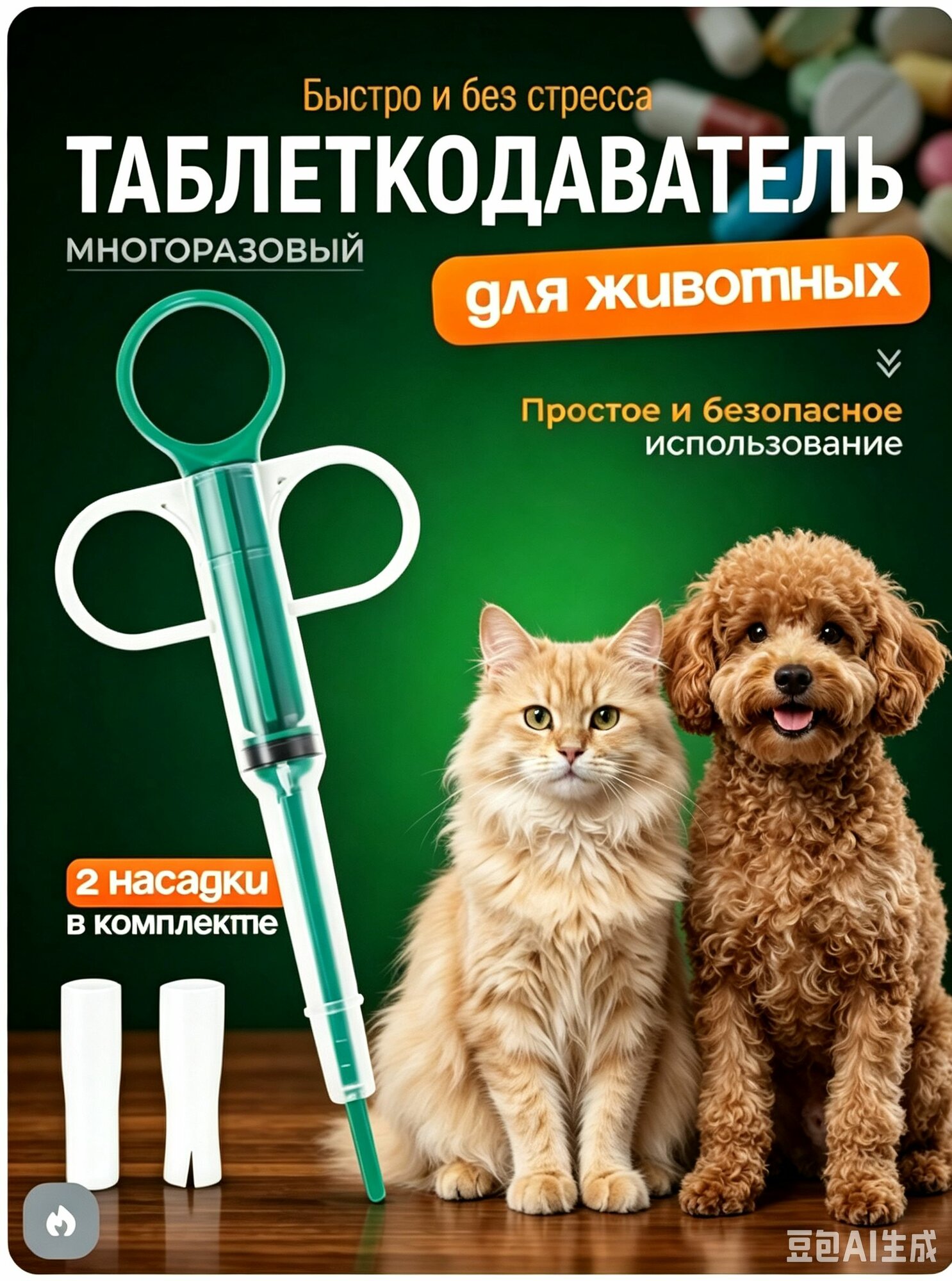 Таблеткодаватель для собак и кошек, пиллер (интродьюсер), зеленый, срок годности до 01.01.2028