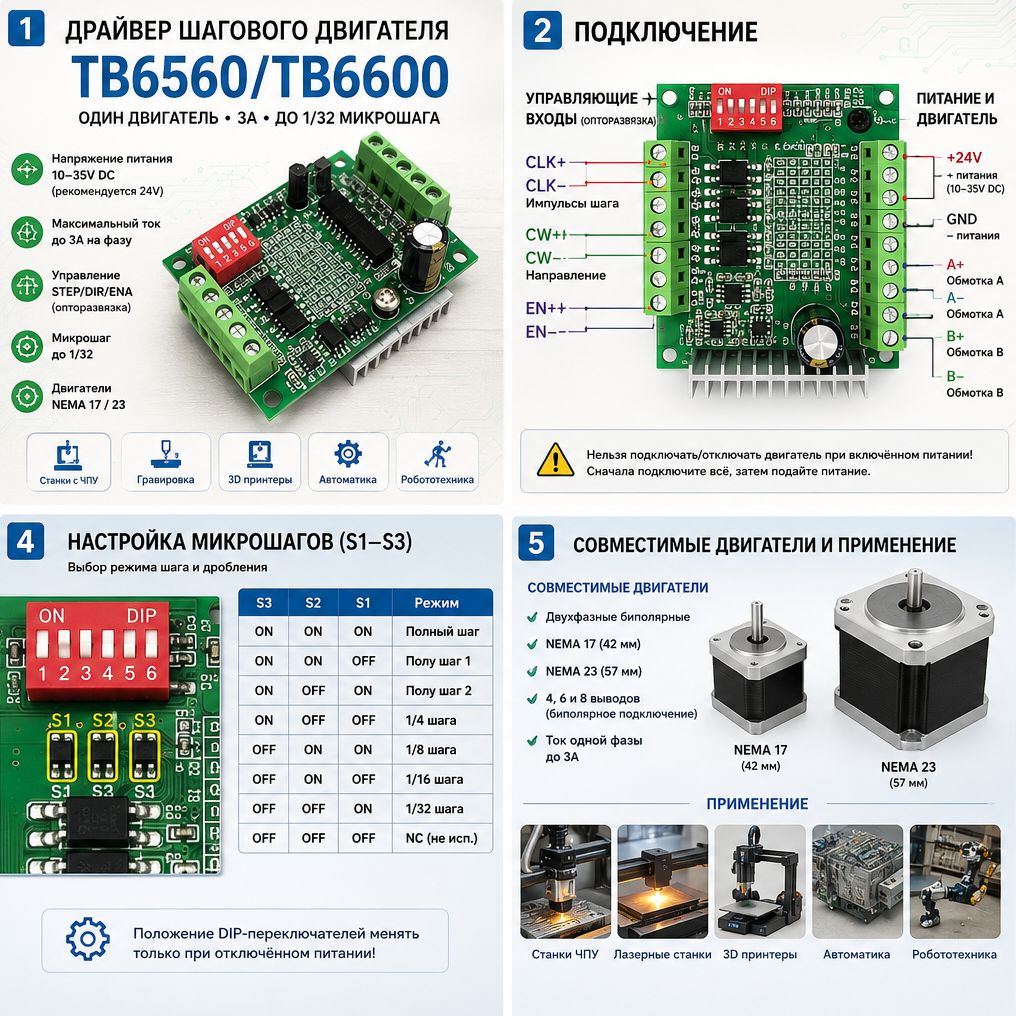 Драйвер шагового двигателя TB6560/TB6600, 3А, DC 10-35В, микрошаг до 1/32, STEP/DIR/ENA, для NEMA 17 и NEMA 23