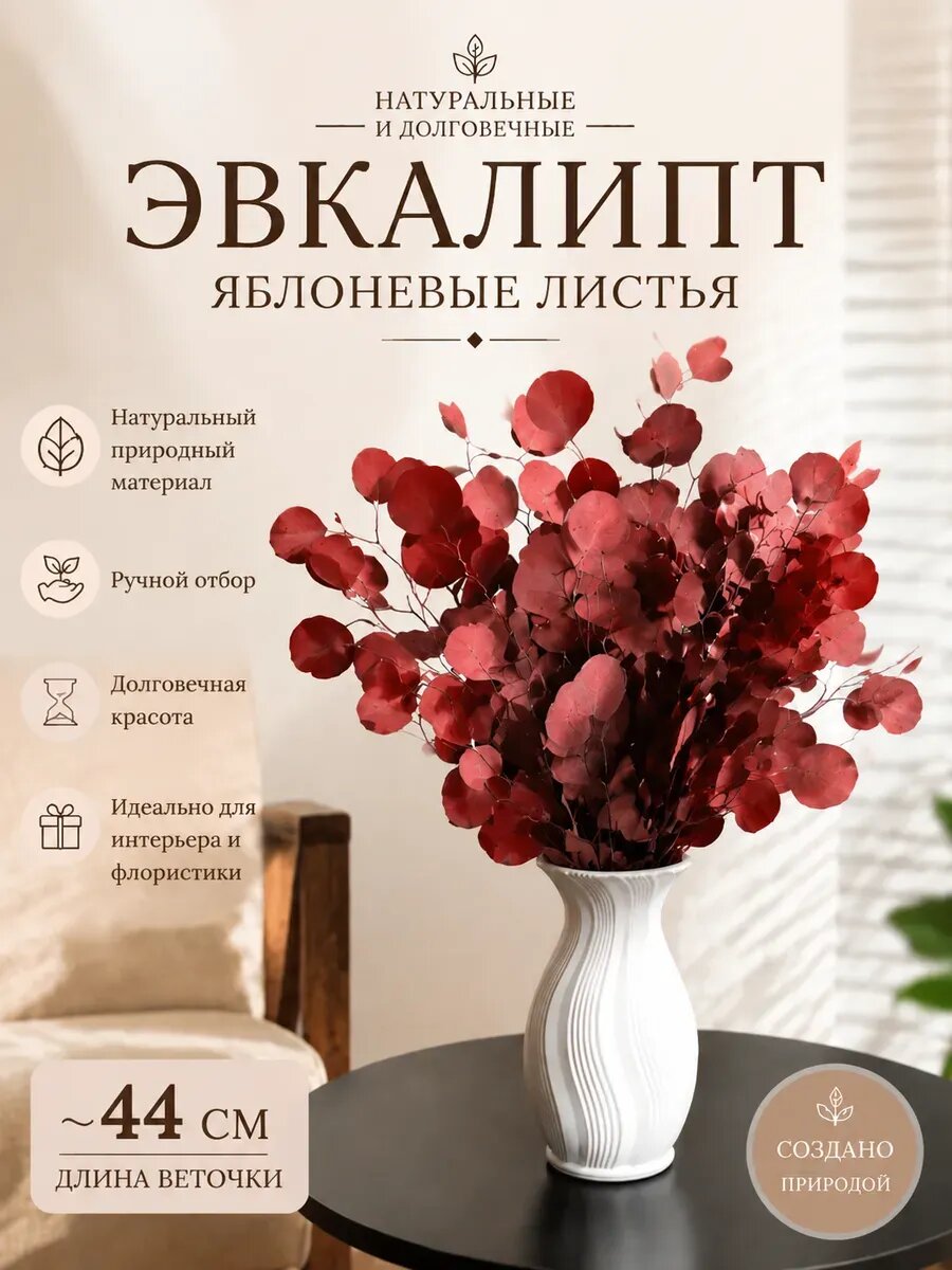 Сухоцветы для вазы хлопок эвкалипт пампас 44 см
