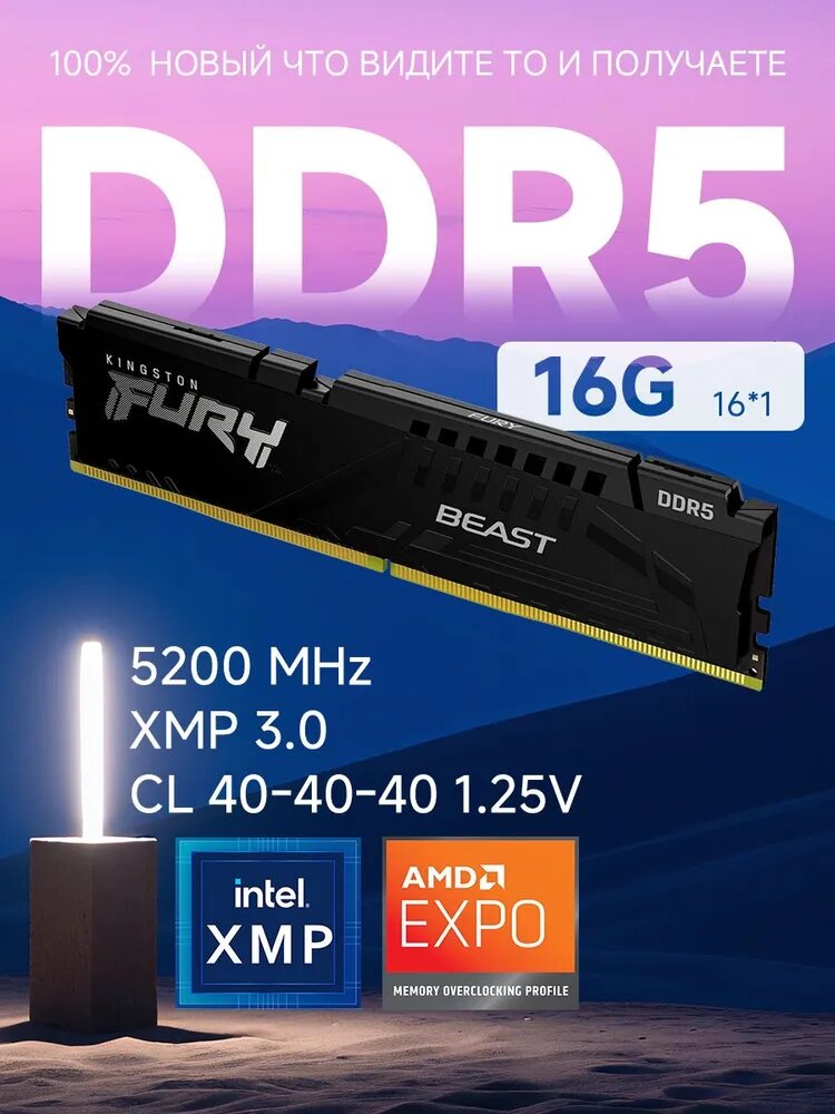 Оперативная память Fury Beast Balck DDR5, 5200 МГц, 1 x 16 ГБ (KF552C40BB-16-SP)