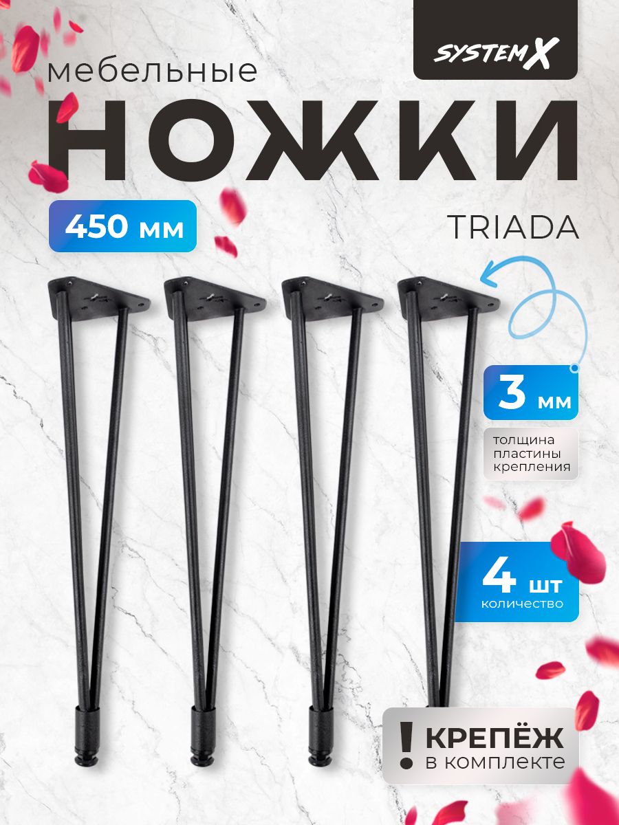 Ножки для стола 4 штуки, мебели, столешницы, комплект. Подстолье металлическое черное лофт, регулируемое. Железная основа TRIADA 450 System X