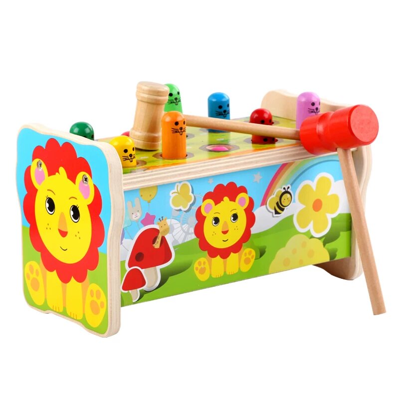 Деревянная игра «Бей льва» для малышей 1-3 лет, обучающая деревянная игра с 3 отверстиями и 2 молотками