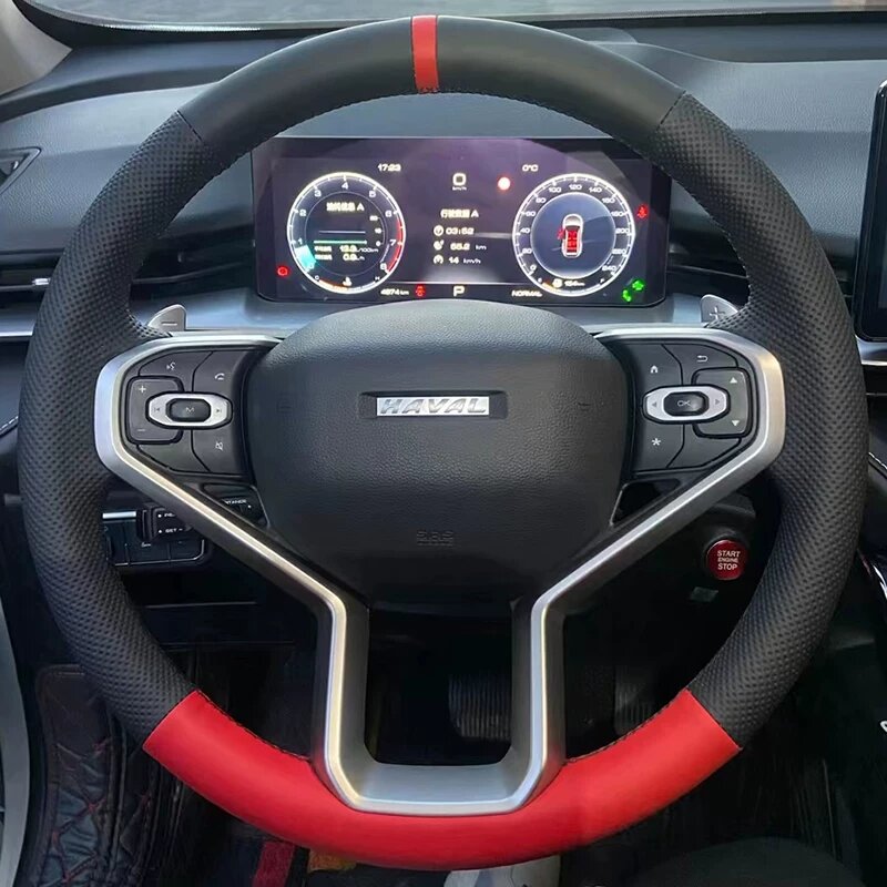 Сиденье рулевого колеса для Haval H6 2022-2024 с красным центральным знаком, черная кожа с перфорацией, дизайн полного