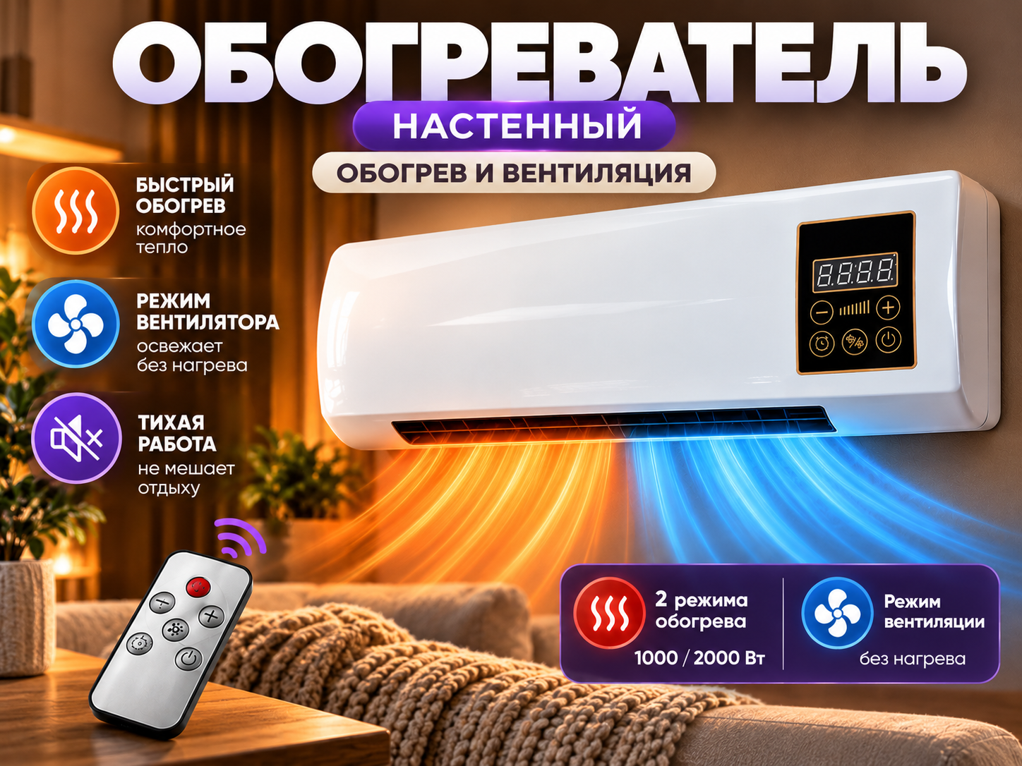 Обогреватель Настенный, Вентилятор Тепловая Завеса С Пультом ДУ, С Цифровым Термостатом, На Стену 2000 Вт