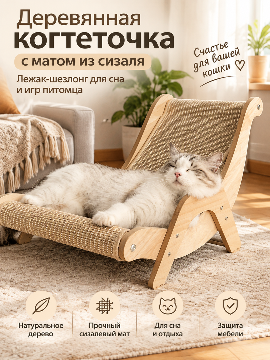 Деревянная когтеточка для кошек с матом из сизаля, лежак-шезлонг для сна и игр питомца