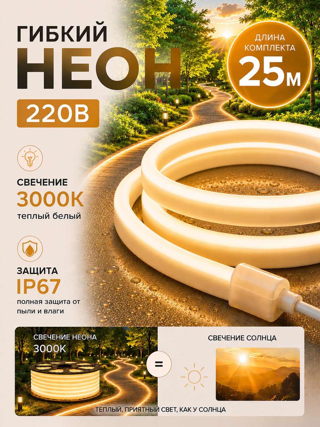 Светодиодный Неон 220V готовый комплект 25м теплого белого свечения 3000К. Яркое освещение фасадов дома, дачных тропинок 120led/m Защита IP67 сечение 8х16мм декоративная интерьерная подсветка потолков