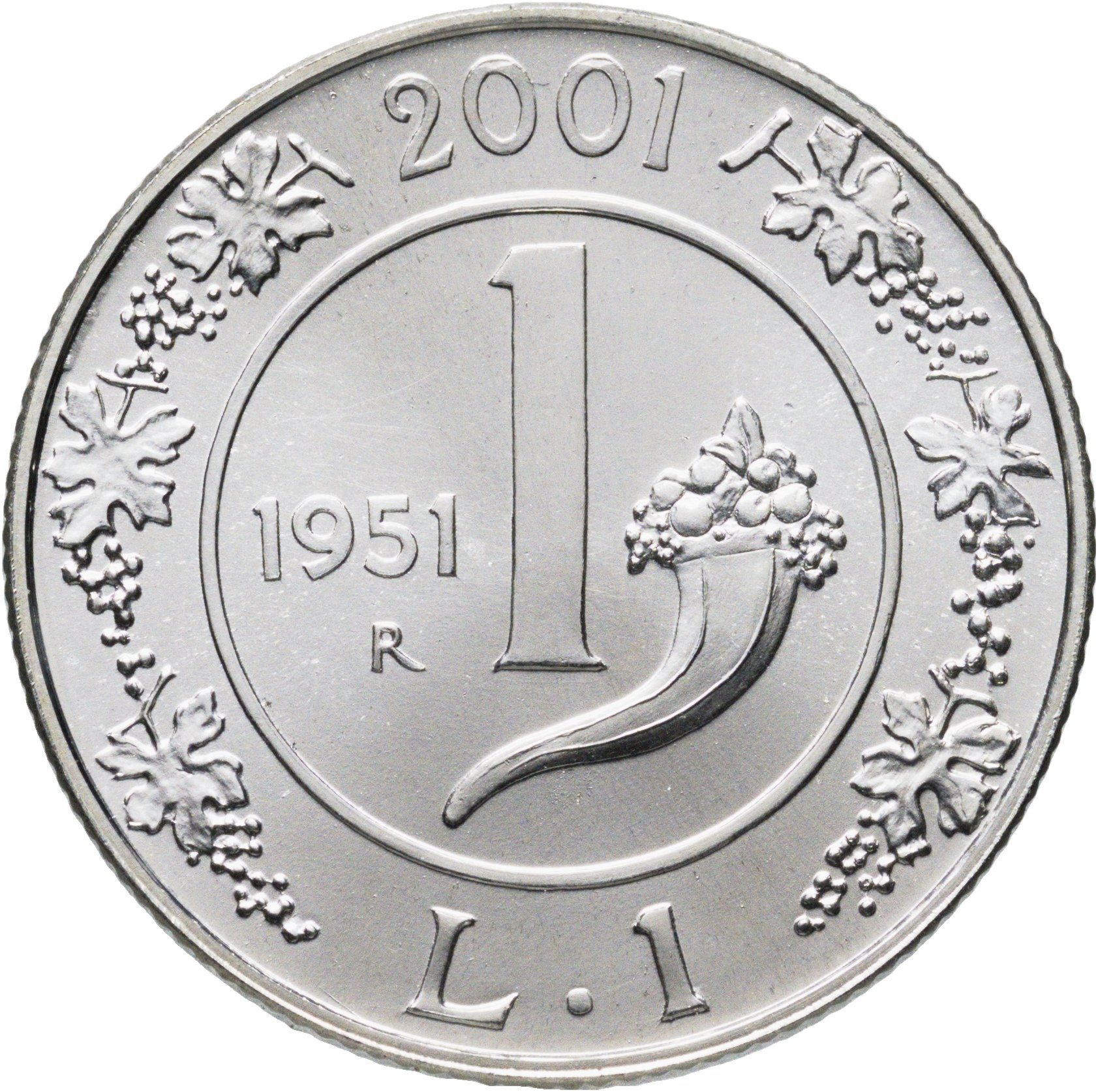 Италия 1 лира lira 2001 "История лиры - лира 1951", Серебро 835, в сохранности UNC