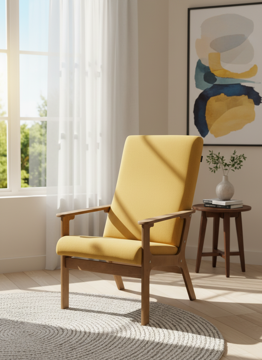 Кресло для отдыха "ретро" от "Мягкой посадки" с высокой спинкой, обивка горчичный велюр