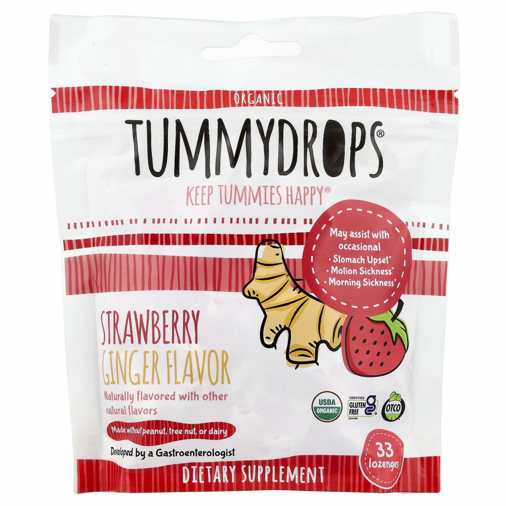 Tummydrops, леденцы с органическим имбирем, клубника, 33 пастилки