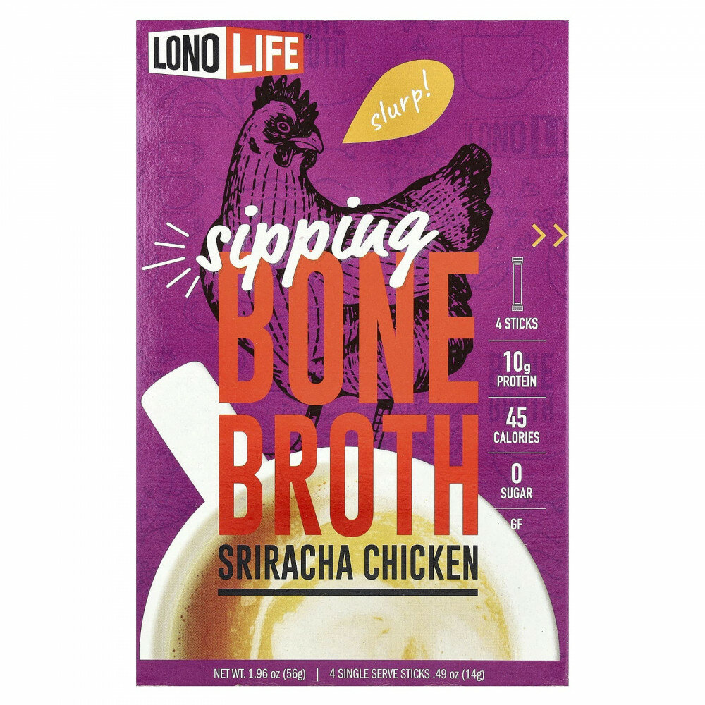 Lonolife, Sipping Bone Broth, курица шрирача, 4 порционные палочки, 14 г (0,49 унции)