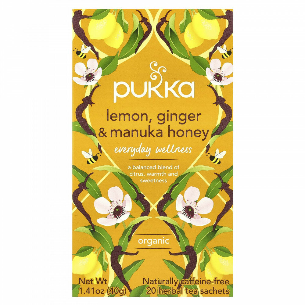 Pukka Herbs, органический травяной чай, лимон, имбирь и мед манука, без кофеина, 20 пакетиков, 40 г (1,41 унции)