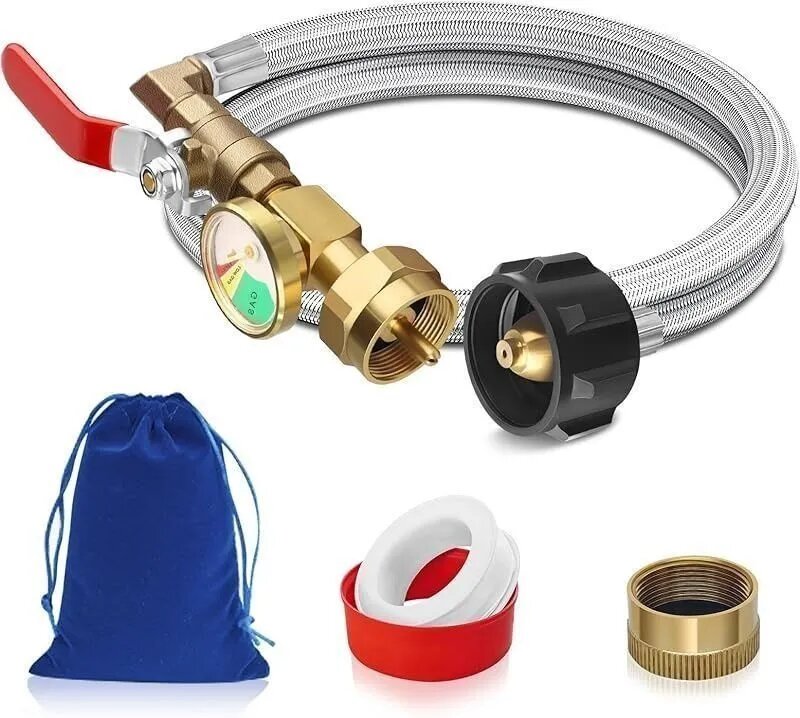 Адаптер для заправки пропана Boltigen Upgraded 1 фунта пропанового баллона, 3 фута, из нержавеющей стали, тип QCC1, с манометром и клапаном, 1-фунтовых бутылок из 20-фунтового